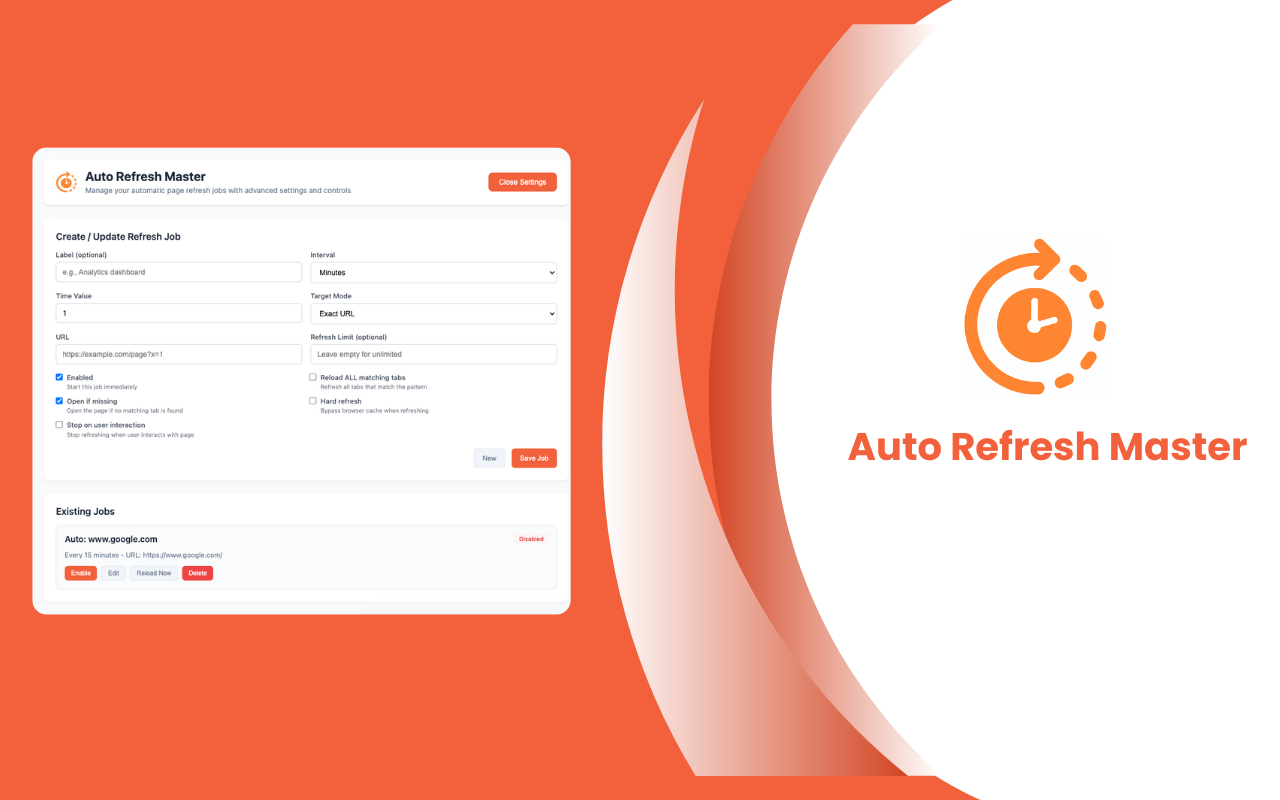 Auto Refresh Extension Interface - Page Refresher Extension Dashboard